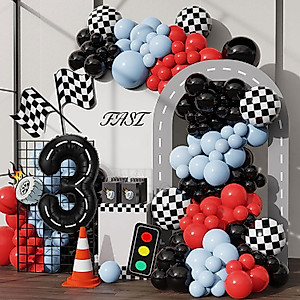 Race Car Birthday Balloons Decorations, 40 Inch Racetrack Black Number 3 Balloon, Eostankr Large Mylar Black 3 Balloon for 3st Birthday Race Car Theme Party Decor Supplies 7 Pcs