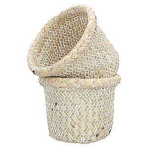 Zerodeko 2pcs Woven Waste Basket Seagrass Wicker Storage Organizer Basket Small Trash Can Desktop Trash Can Garbage Can Laundry Hamper Basket