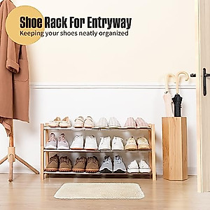 NUDUKO Expandable Shoe Rack Storage Organizer - Adjustable 3 Tier Small Shoe Rack Heavy Duty Free Wood and Metal Standing Shoe Shelf for Closet Bedroom Entryway (Natural)