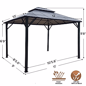 Walnut 12 ft. x 10 ft. Aluminum Hardtop Outdoor Patio Gazebo with Insulated Double-Roof Hardtop and Netting