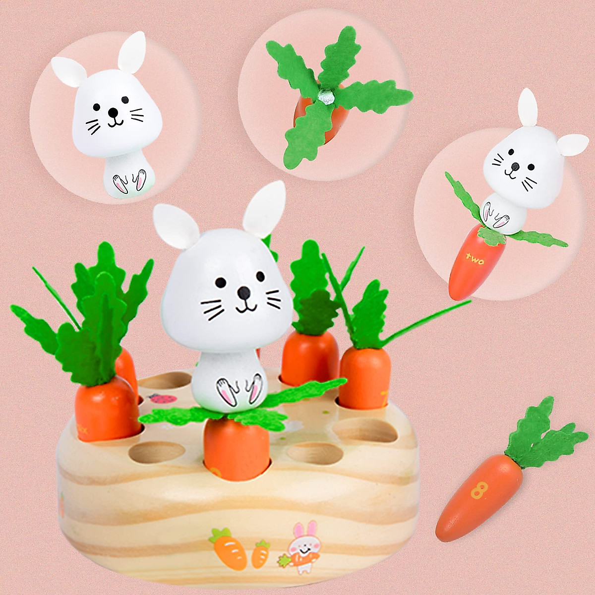 Uncle Nick Wooden Toys for Toddlers Montessori for Toddler Carrot Harvest Game, Developmental Shape Sorting Matching Puzzle Game for 3 Year Old Baby Boys and GirlsGifts Fine Motor Skill Toy