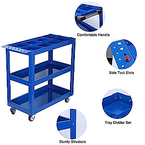 3-Tier Rolling Tool Cart, 330 LBS Capacity Heavy Duty Service Cart with Handle & Lockable Wheels, Rolling Trolley Storage Organizer with Adjustable Dividers, for Warehouse Garage