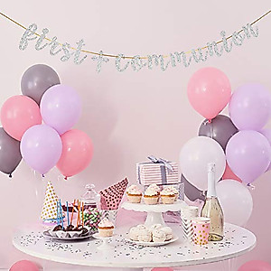 AonBon Silver First Communion Banner, Baptism/Christening/Confirmation/Baby Shower/Birthday/Communion Party Decoration