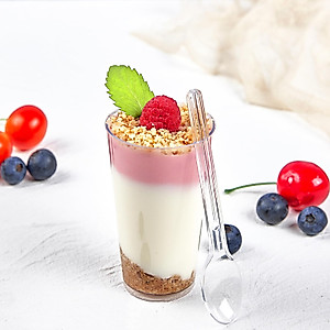 TOFLEN 50 Pack 3 oz Mini Dessert Cups with Lids and Spoons, Round Tall Plastic Dessert Shooters Party Serving Tumbler Cups for Parfait Appetizers & Dessert Shot Glasses