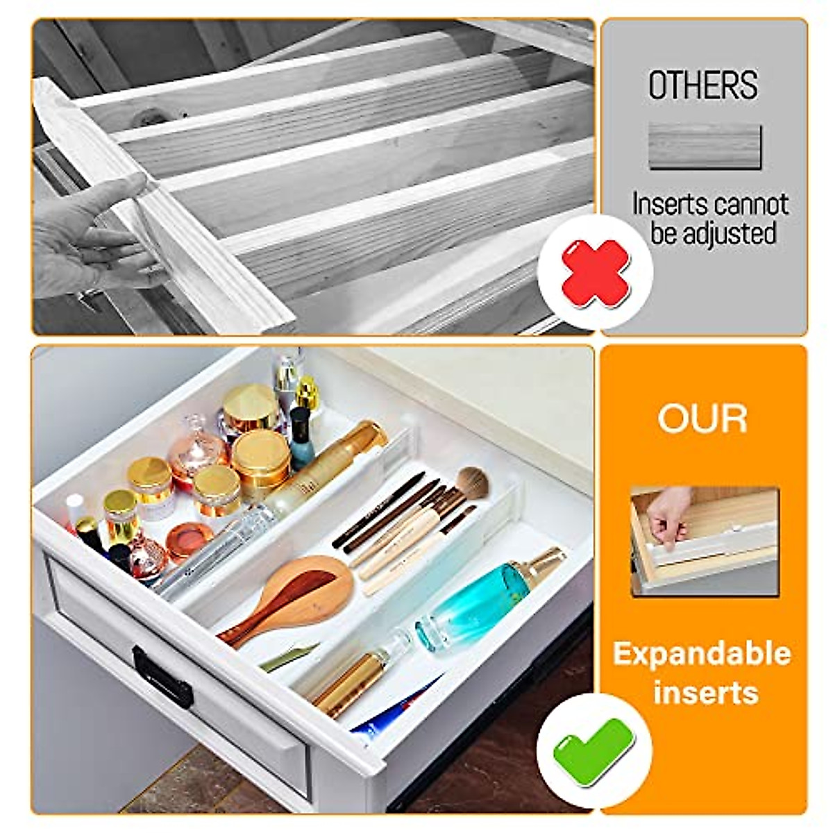 HiYZ Expandable Drawer Dividers, Large Kitchen Utensils Drawer Divider, 2.36" High Adjustable Drawer Organizers Separators for Clothing,Kitchen Utensils,Tools,4 Dividers(12.6"-22.8")