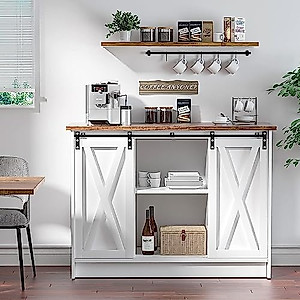 4 EVER WINNER Farmhouse Coffee Bar Cabinet, Kitchen Buffet Storage Coffee Cabinet Station Credenza Cupboard with Adjustable Shelf, Buffet Cabinet with Storage and Sliding Barn Doors, White