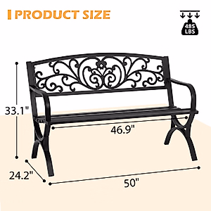 PayLessHere Black Outdoor Metal Loveseat Chairs Patio Garden Bench 50-inch Slatted Seat Armrests Floral Design Backres Perfect for Park, Yard, Porch, Lawn, Balcony, Backyard