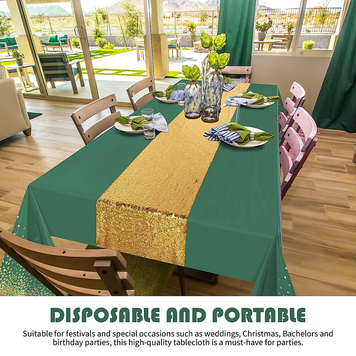 Tudomro Tablecloth and Sequin Table Runner Set 54 x 108 Inch Polka Dots Confetti Table Cover Dining Plastic Table Cloths Glitter Decorations for Birthday Wedding Anniversary Party (Green Gold)