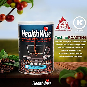 HealthWise Low Acid Swiss Water Decaffeinated Coffee, 100% Colombian Decaf Supremo, 12 Ounce
