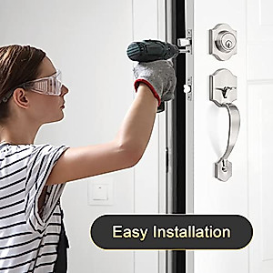 Tinewa 1 Pack Single Cylinder Deadbolt HandleSet with Lever Inside, Front Entrance Door Handle, Reversible Door Handle Set Satin Nickel Finish