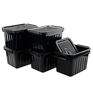 Tyminin Black Plastic Storage Bin with Clear Lid and Grey Handle, 6 Packs