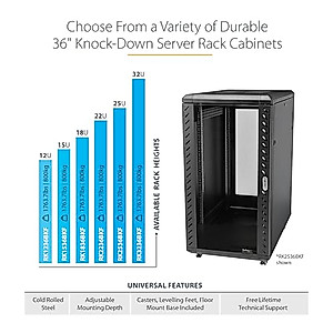 StarTech.com 22U Server Rack Cabinet with secure locking door - 4 Post Adjustable Depth (5.5" to 28.7") - 1768 lb capacity - 19 inch Portable Network Equipment Enclosure on wheels/casters (RK2236BKF)