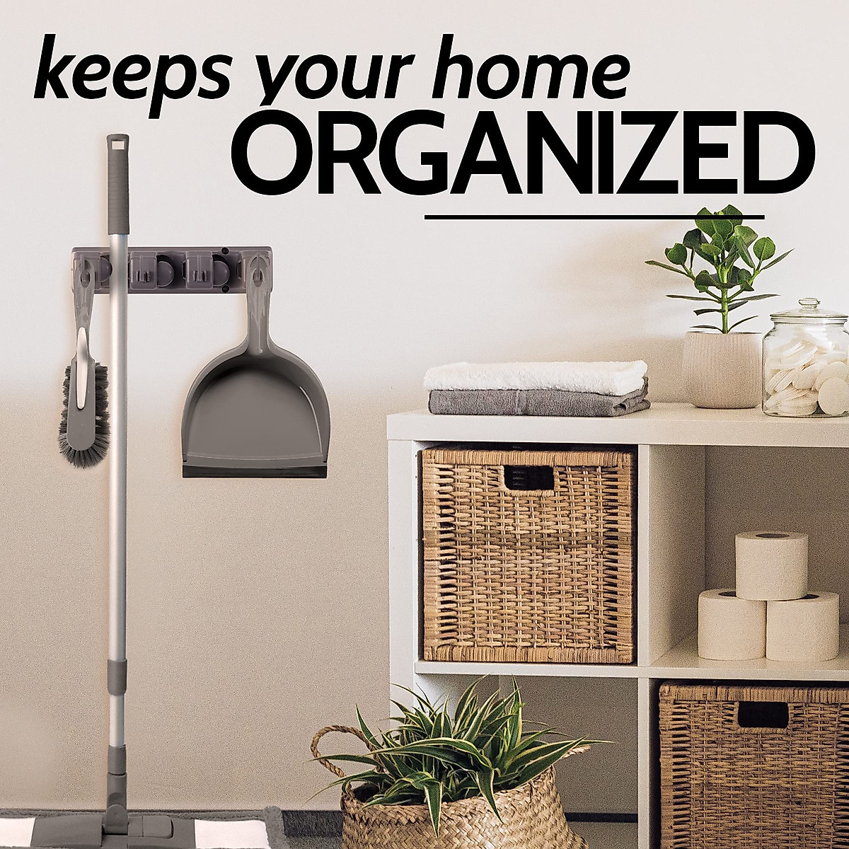 Zulay Home Mop and Broom Organizer Wall Mount - Easy to Install Mop and Broom Holder Wall Mount for Storing Cleaning Supplies - Organizer Utility Racks Mop Holder and Broom Hanger (3 Slots, Gray)