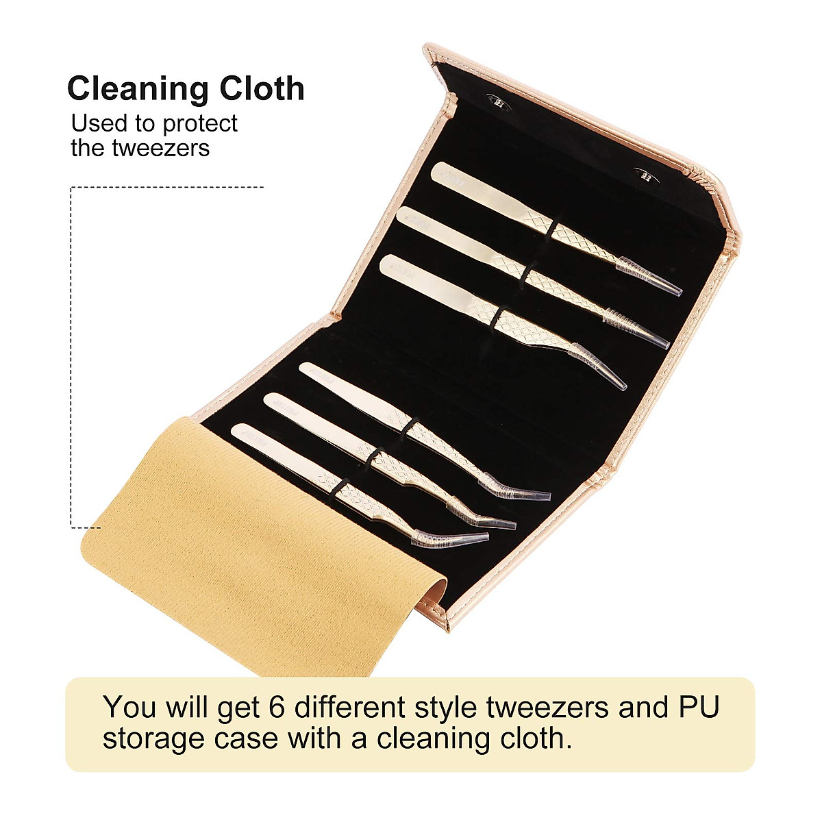 FEITA Eyelash Extension Tweezer Set Gold Lash Applicator Tool - Precision Lashes Diamond Grip Tweezers for 2D-6D Volume & Individual Eyelashes Extensions Supplies (6Pcs)