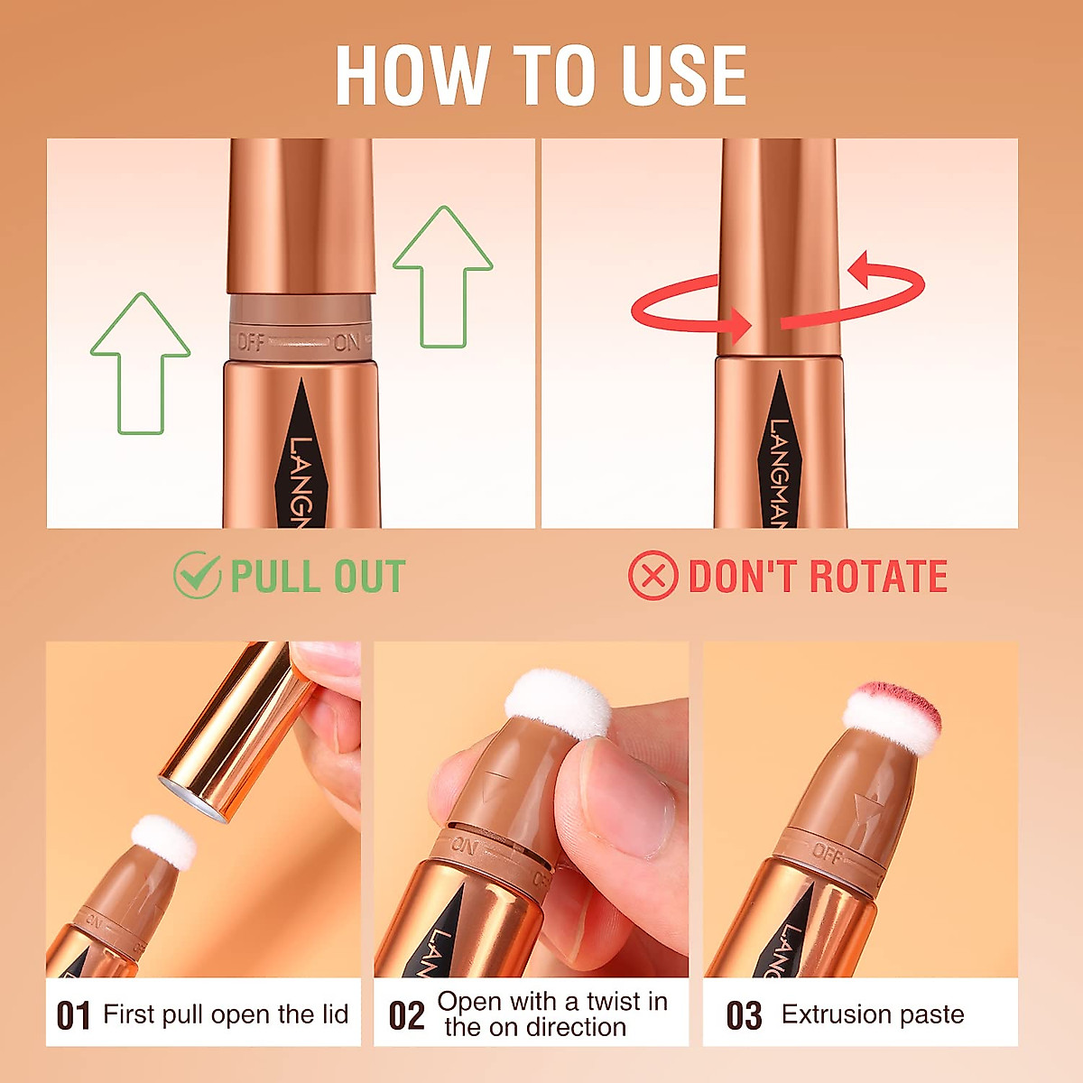 LANGMANNI Liquid Contour Beauty Wand, Face Concealer Contouring,Highlighter,Blusher Stick with Big Cushion Applicator.Cream Contour Stick For Finish Face Contour Makeup. (#01+#03+#05)