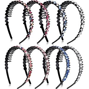 Syhood 8 Pieces Rhinestone Teeth Comb Headbands, Non-Slip Hair Band Hair Accessories for Women Girl, 2 Styles - Flower, Wave, Headband, Multicolor, Plastic