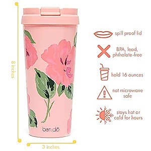 ban.do Pink Floral Hot Stuff Insulated Thermal Mug, 16 Ounce Travel Tumbler, Bellini