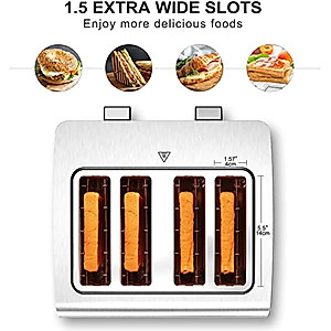 Toaster 4 Slice, LauKingdom 1.57" Extra Wide Slots Toaster, Smart Pop-Up Stainless Steel Toasters with 6 Shade Settings, Evenly & Quickly Bread Toaster, Bagel Defrost Cancel Function, 1500W, Silver