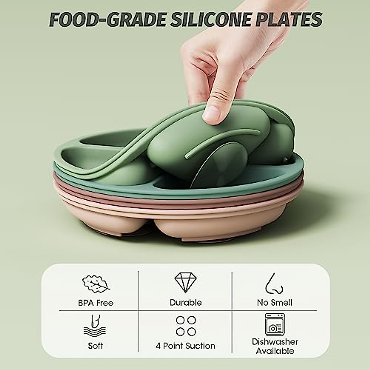 ME.FAN Suction Plates [4 Pack] Toddler Plates for Babies & Toddlers, Food Grade Silicone Baby Plates with Divided Design, Stay Put with 4 Suction Cups for Self Feeding