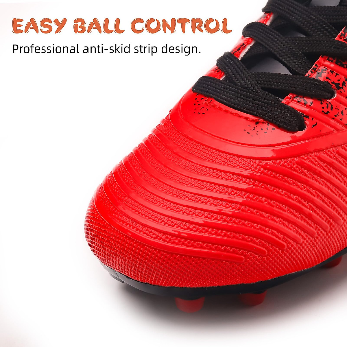 ZVC Kids Soccer Cleats Boys Girls Soccer Shoes Outdoor Firm Ground Youth Football Cleats (Little Kid/Big Kid) Red