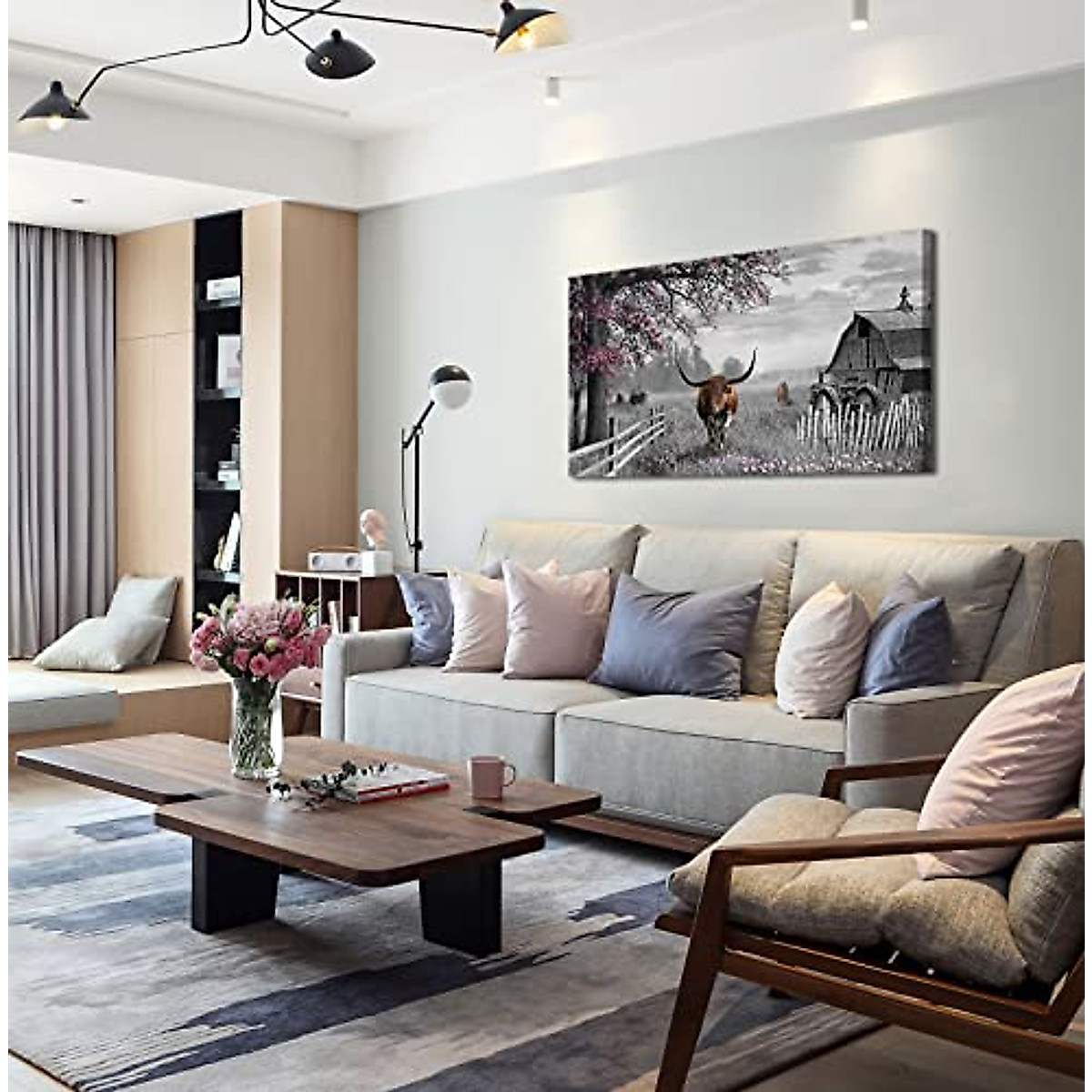Jufahivos Western Decor Cow Print Black and White Wall Art for Living Room Bedroom office Wall Art Pink Pictures Rusti Decor Cow Wall Art for Living Room Decorations Wall Art 24x48 Inches Wall Art