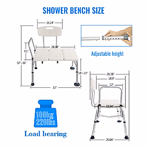 Non Slip Tub Transfer Bench for Bathtub, Shower Transfer Bench for Elderly and Disabled, Adjustable Shower Transfer Bench for Bathtub with Reversible Back, Transfer Tub Bench Bathroom Aid