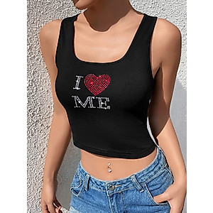 SOLY HUX Women's Rhinestone Heart Letter Print Y2K Crop Tank Top Scoop Neck Sleeveless T Shirts Solid Black XS