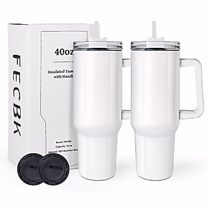 FECBK 40 oz Sublimation Tumbler with Handle and Straw Keeps Cold for 34 Hours 2 Pack Stainless Steel Double Wall Vacuum Insulated Travel Mug Cup Tumblers Bulk Sublimation Blank White