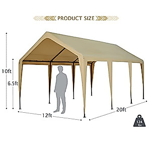 Carport 12x20ft Car Port Garage Canopy Heavy Duty Car Tent Without Sidewalls & Doors, All Season and Portable Garage for Boat, Wedding Party, Outdoor Camping, Commercial, UV Resistant (Beige)