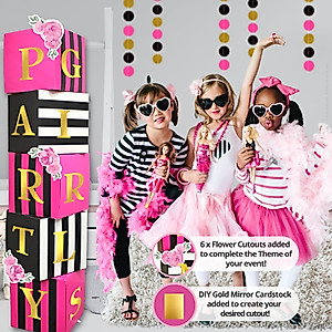 Hot Pink Party Decorations for Birthday, Bachelorette, Bridal or Baby Shower - 5 Boxes Blocks, 52 PC Letters for Custom NAME and 6 Flower Cutouts. Pink Rose Black White - Kate Spade Inspired