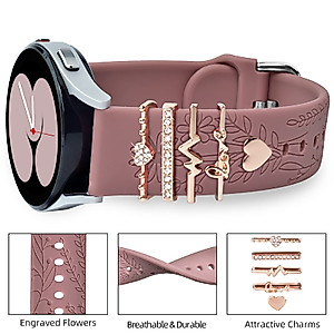 ORATYFAN Bands for Samsung Galaxy Watch 7/4/5/6 with Charms, 20mm Women Floral Engraved Silicone Strap with Decorative Rings for Watch 6/Watch 5 Pro/Watch 4 Classic 46mm 42mm/Watch 3 41mm/Active 2