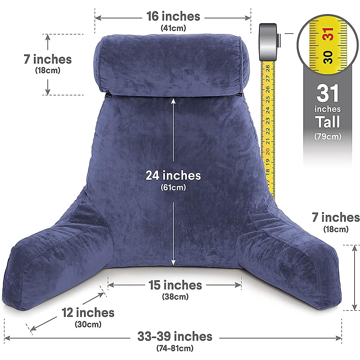 FaYkes Adult Reading Pillow,Backrest Pillow with Arms Dark Blue & Foldable Laptop Tray Gray Memory Foam Reading Pillows for Bed W/Removable Neck Roll & Laptop Bed Tray Table,Blue