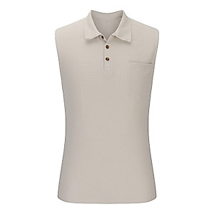 Black T Shirts for Men 2023 Fashion Button Down Waffle Muscle Fit Shirt Summer Casual Slim Fit Solid Tank Tops Button Down Shirt Men Khaki L