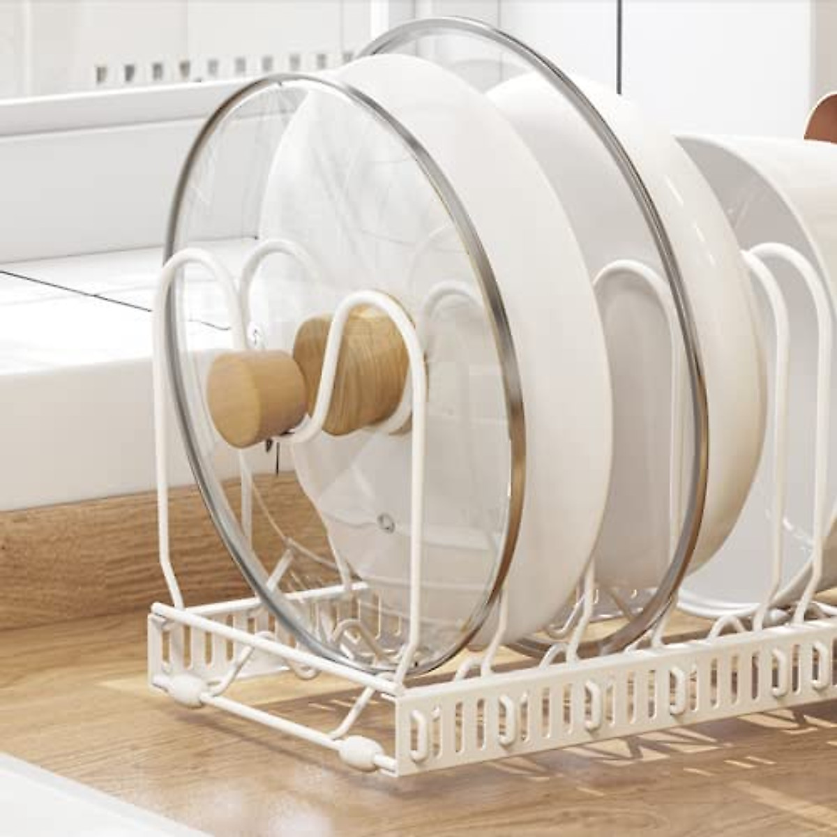 Rerii Pan Organizer Rack for Cabinet, Expandable Pots and Pans Organizer Rack, Cutting Board Pot Lid Holder Dish Drying Racks with 10 Adjustable Dividers for Kitchen Counter