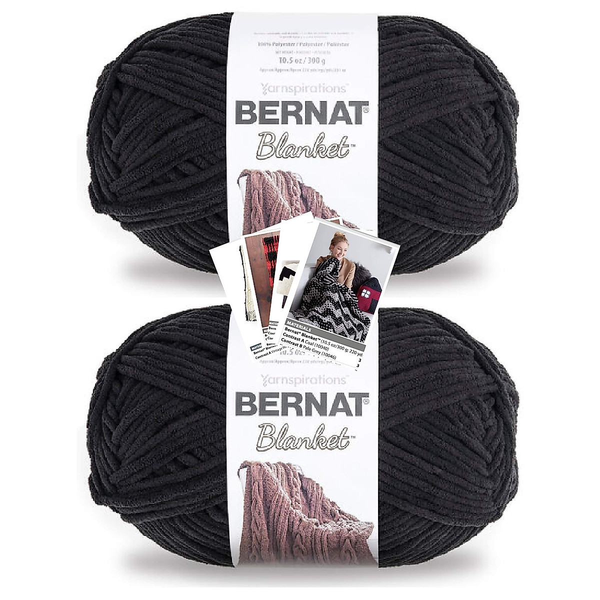 Bernat Blanket Yarn - Big Ball (10.5 oz) - 2 Pack with Pattern Cards in Color (Coal)