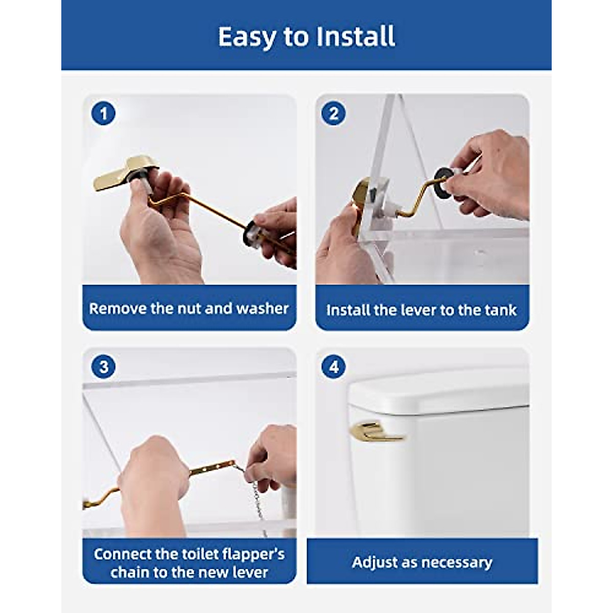 Hibbent Toilet Handle Replacement, Side Mount Tank Flush Lever Handle Compatible with Kohler Toilet Tank, Toilet Trip Lever with Stainless Steel Flapper Chains, Toilet Repair Handle, Polished Brass