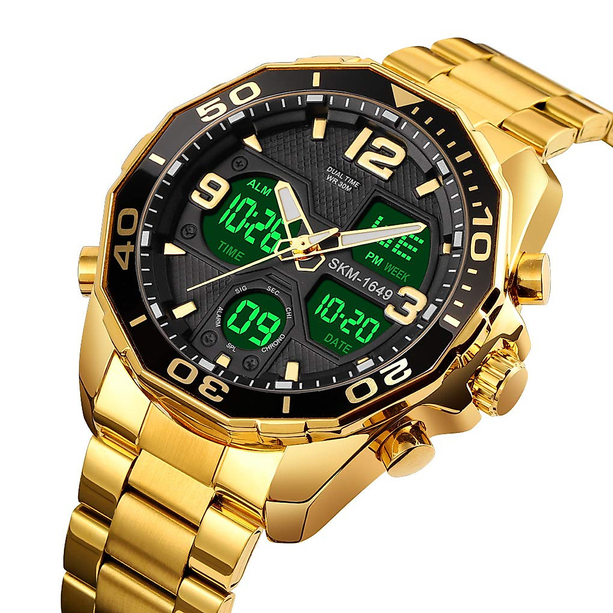 VIGOROSO Mens Watches Multi Times Military Gold Watch Chronograph Digital Analog Stainless Steel Wrist Watch for Men/Gents Waterproof