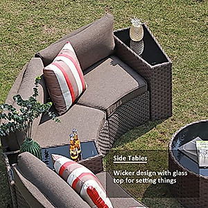SUNSITT Patio Furniture Set 13-Piece Round Sectional Sofa Patio Furniture Wicker Sofa with 4 Side Tables and 4 Pillows for Patio, Yard, Garden or Backyard (Grey Brown)