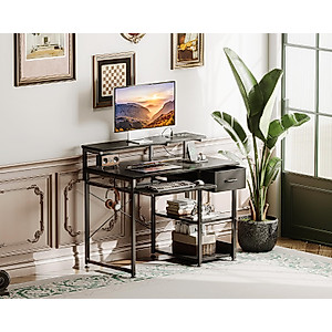 AODK Small Computer Desk with Keyboard Tray, 40 Inch Gaming Desk with Power Outlet, Office Desk with Drawer, Reversible Desk with Adjustable Monitor Shelf and Storage Shelf for Home Office, Black