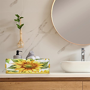 Ioracida Yellow Sunflower Toilet Paper Basket Toilet Tank Fabric Storage Basket with Handles, Summer Floral Small Decor Baskets for Organizing Bathroom Toilet Tank Top