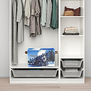 Personalized Snowy Day Train Storage Bin with Name Waterproof Canvas Organizer Bin with Handles for Gift Baskets Book Bag (1 Pack)