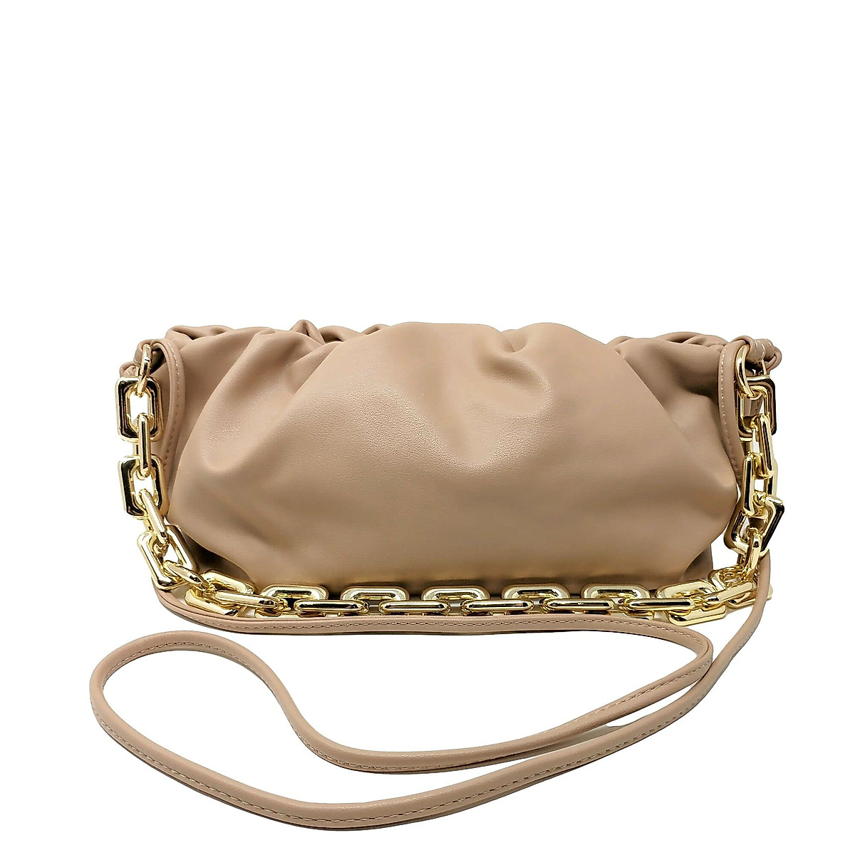 Prime Original Women's Chain Pouch Bag | Cloud-Shaped Dumpling Clutch Purse | Ruched Chain Shoulder Handbag (Beige)