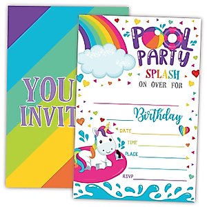 AWSICE Rainbow Unicorn Birthday Invitations,Pool Party Theme Double-Sided Fill-In Invite Cards For Birthday Party, 20 Invitations With Envelopes, Decorations,Party Favor And Supply-A23