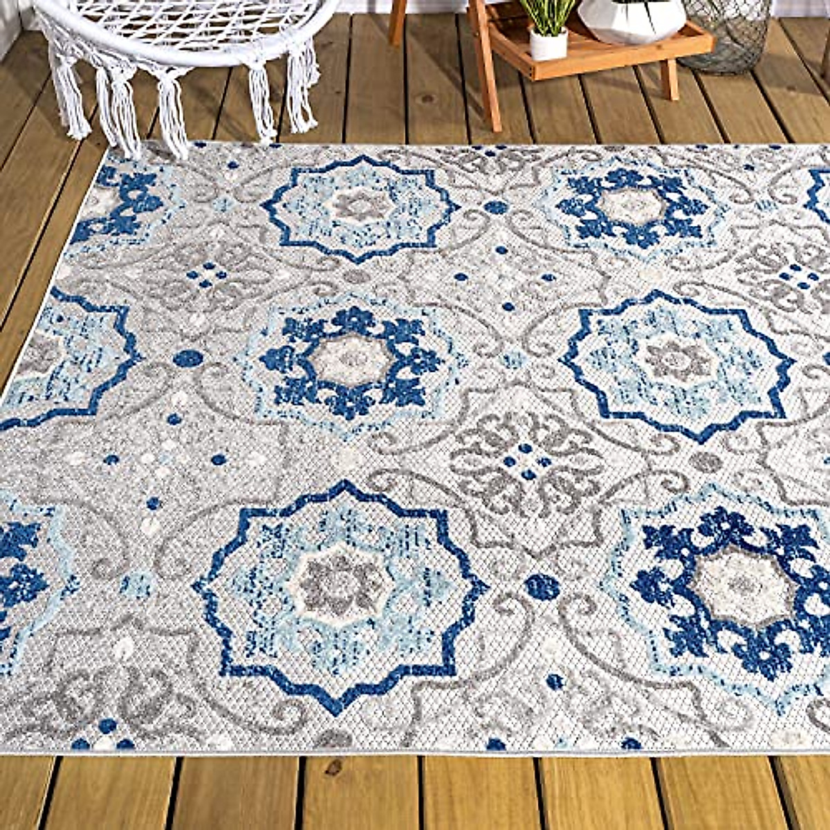 JONATHAN Y AMC101A-8 Mediterranean Medallion Indoor Outdoor Area-Rug Bohemian Floral Easy-Cleaning High Traffic Bedroom Kitchen Backyard Patio Porch Non Shedding, 8 X 10, Blue/Gray
