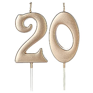 Champagne Gold 20th Birthday Candles for Cake, Number 20 Glitter Candle Party Anniversary Cakes Decoration for Kids Women or Men