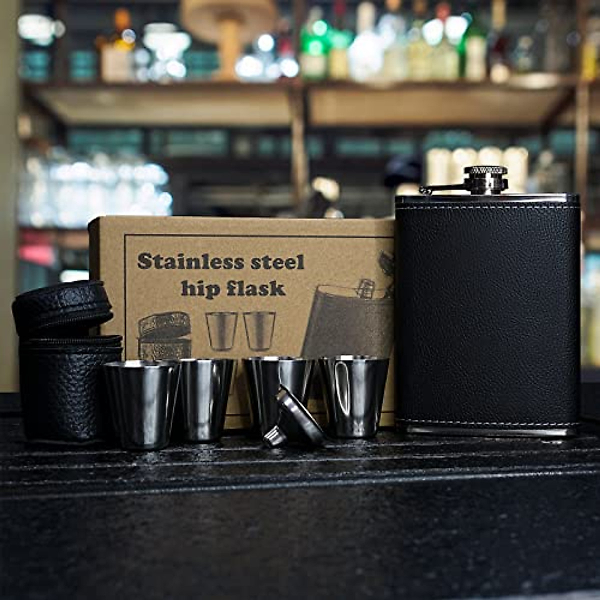 Flask 8oz,304 (18/8) Stainless Steel flask Black Leak Proof flask,Whiskey Flasks for Liquor for Men,Funnel and Shot Glasses Flask Set,Gift for Men