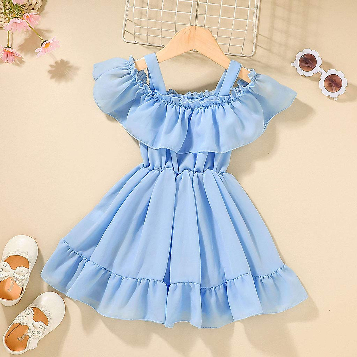 Toddler Baby Girls Summer Dress Chiffon Princess Dress Little Girl Clothes Sleeveless Off-Shoulder Dress Pure Blue