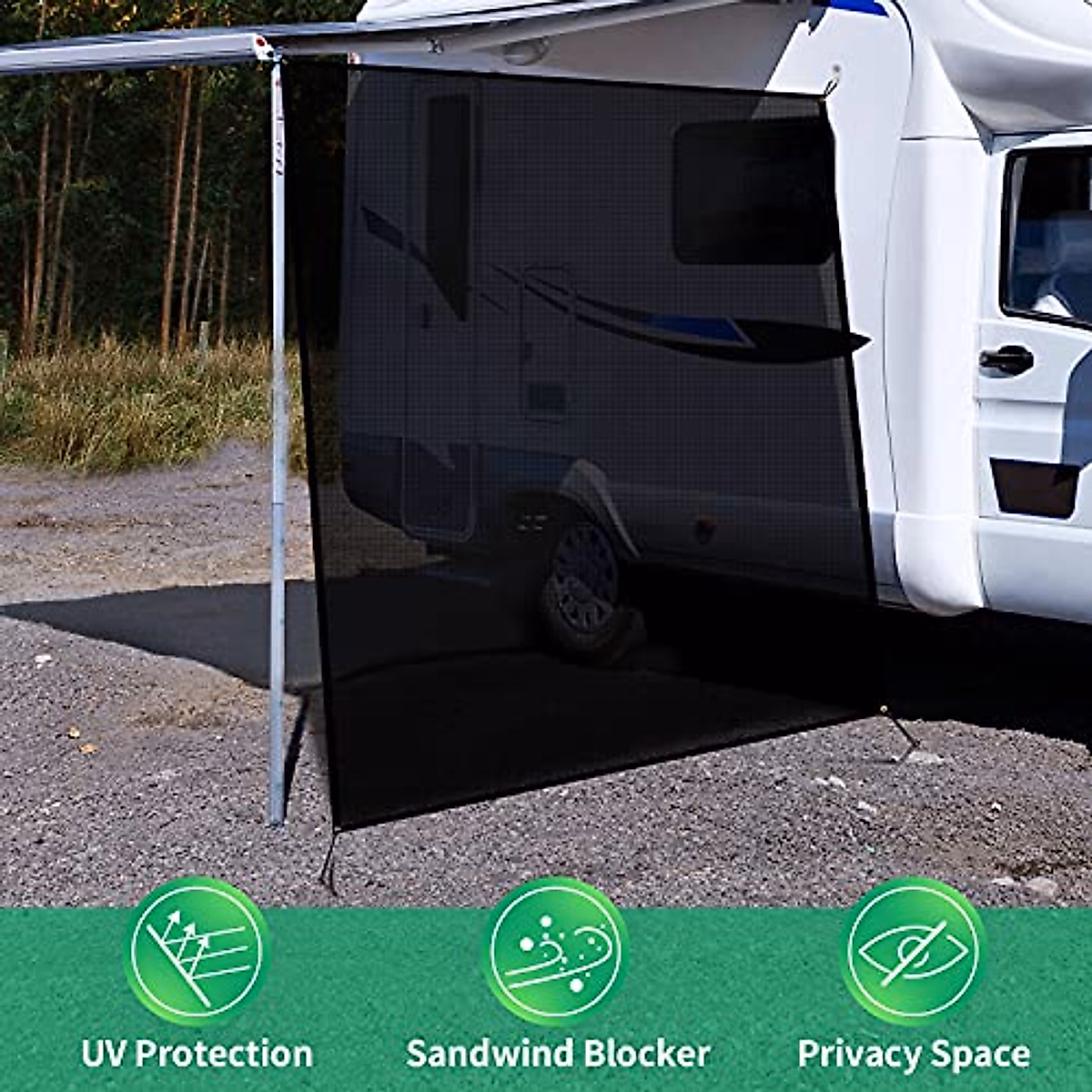 RVINGPRO RV Awning Side Shade Screen 9'x 7' Breathabe Black Mesh Sunshade for Camper Trailer Canopy, UV Sun Blocker Complete Kits