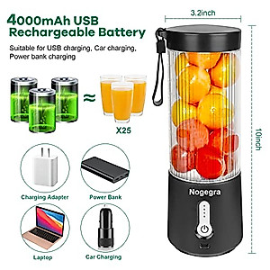 Portable Blender, Nogegra Personal Blender for Shakes and Smoothies 16oz Mini Blender 4000mAh USB Rechargeable with 6 Blades Blender Cup for Juices, Milkshake, Smoothies, Salad Dressing, Baby Food