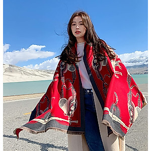 Women's Blanket Chunky,Pashmina Shawls Wraps Oversized Winter & Fall Warm Scarfs Soft Cashmere Feel for Girls and Women (Red-Carriage)